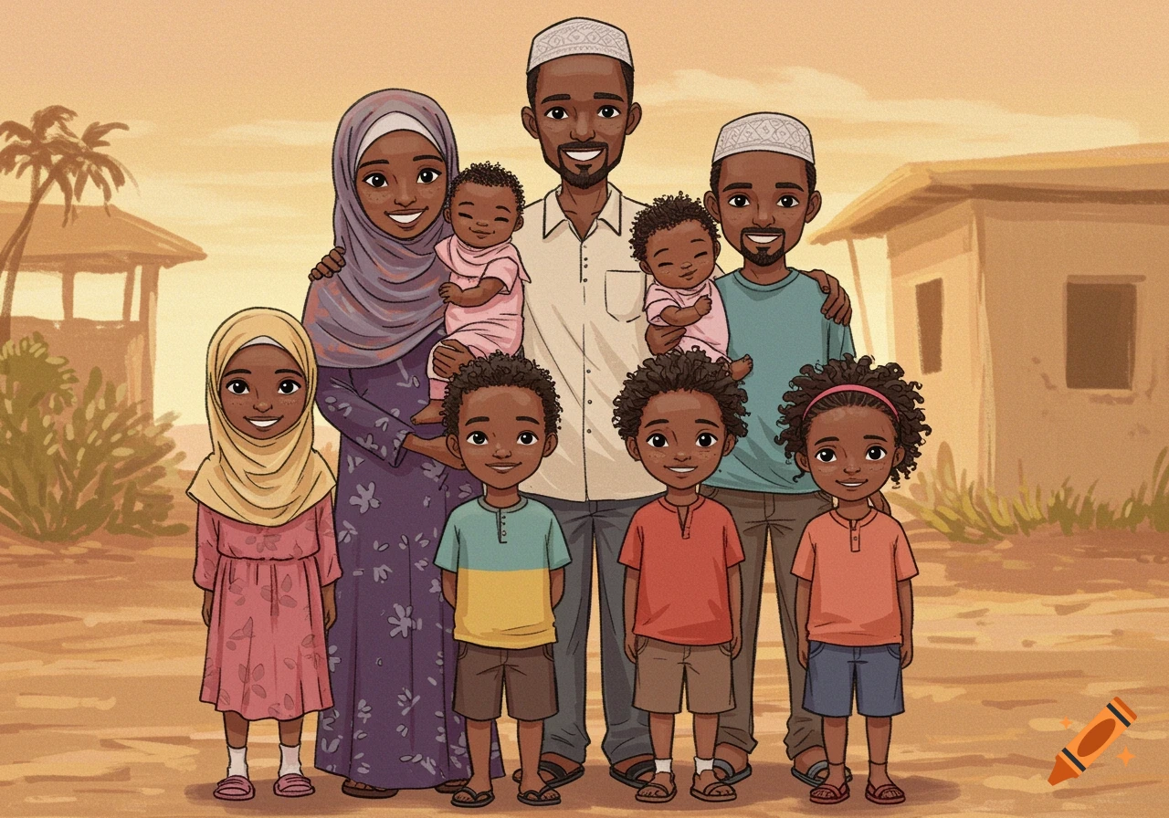 Illustration of a smiling Somali family of seven standing together ...