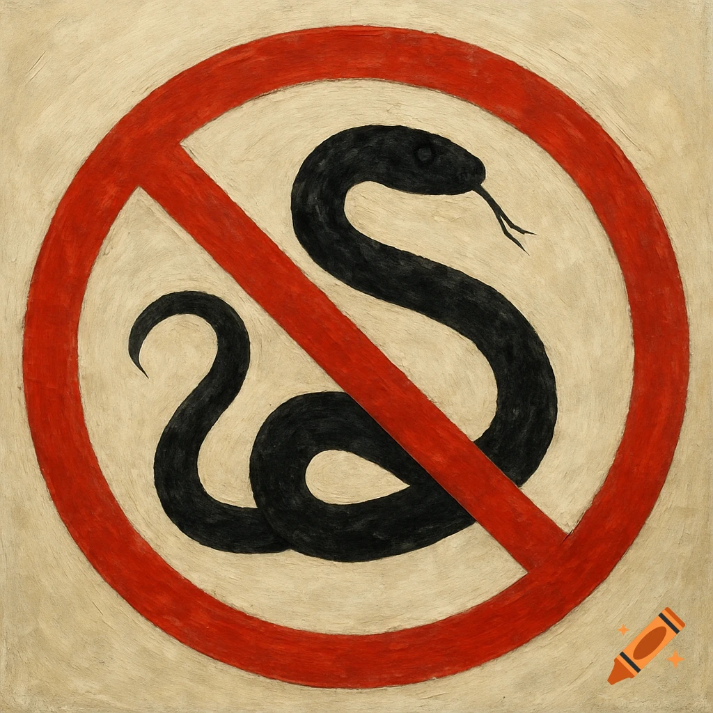 A 'No snakes' sign with a black snake inside a red circle and diagonal ...