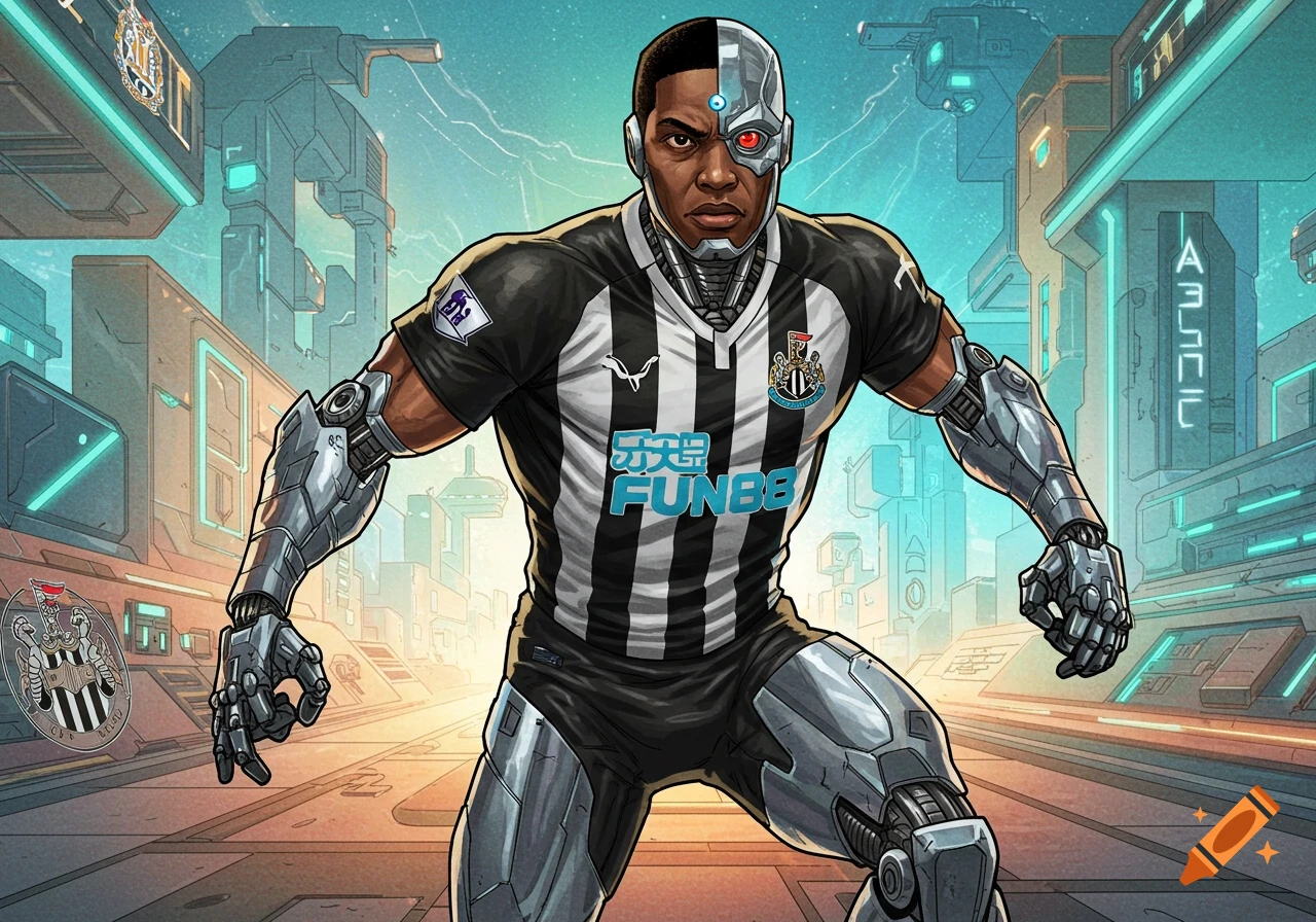 A cyborg in a Newcastle United football jersey stands in a futuristic ...