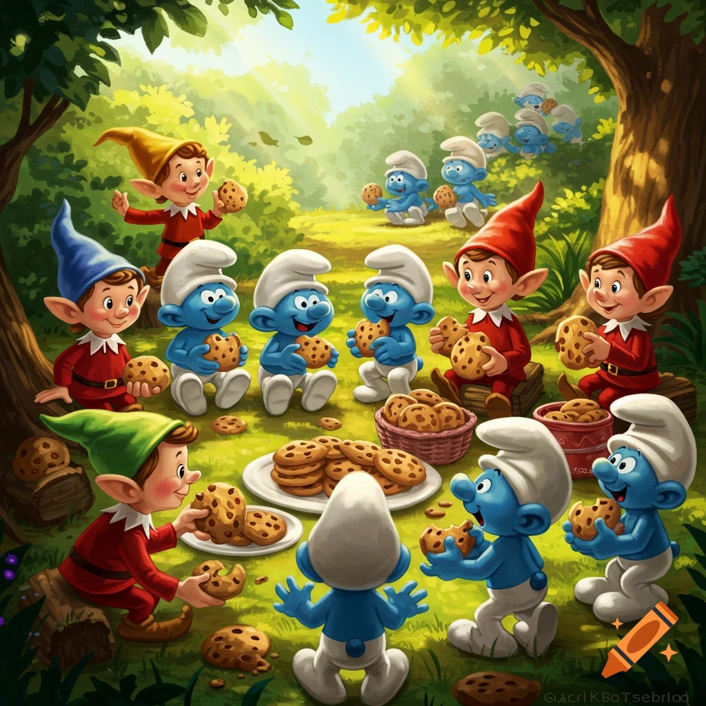 Cartoon Smurfs and elves sit in a sunny forest, happily eating ...