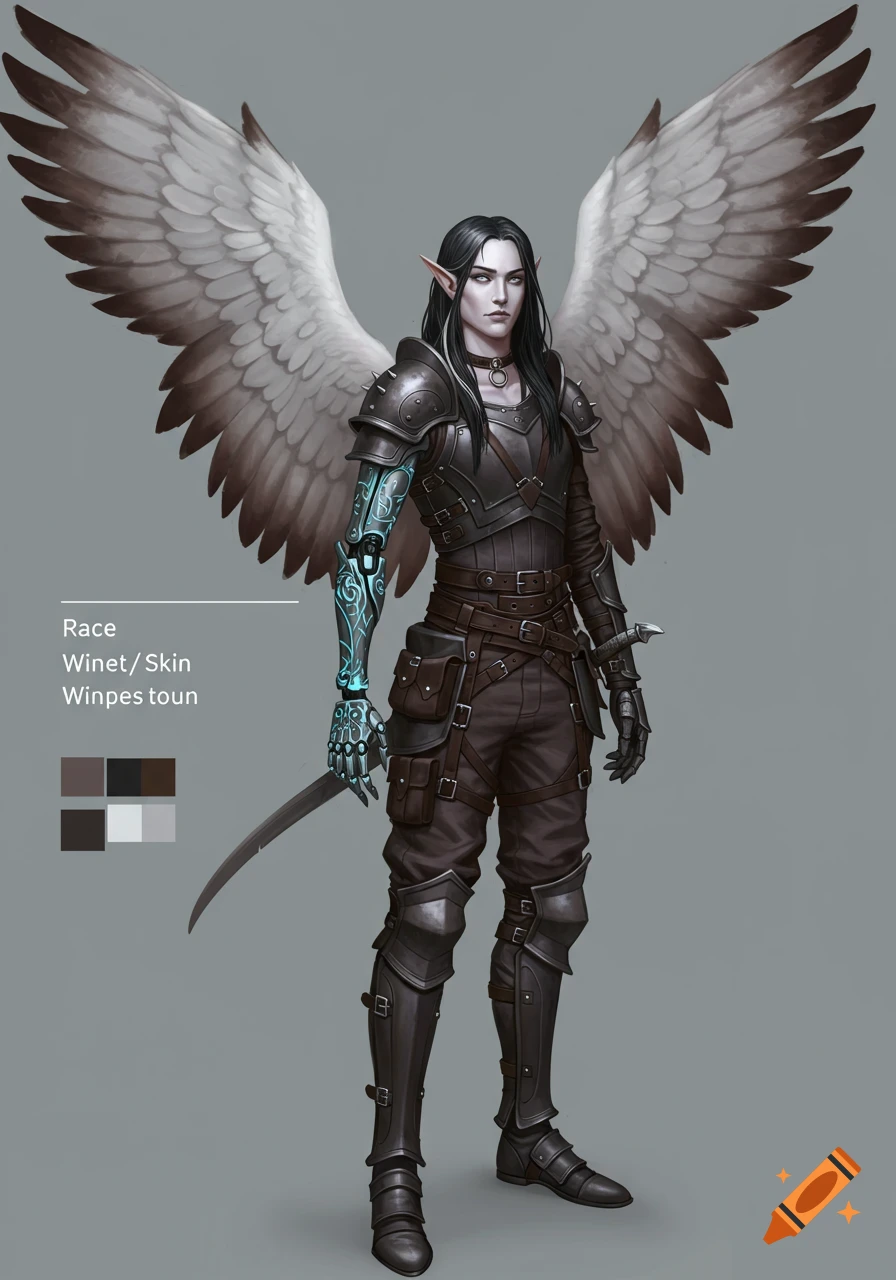 Full body fantasy art of a winged elf in armor with a glowing ...