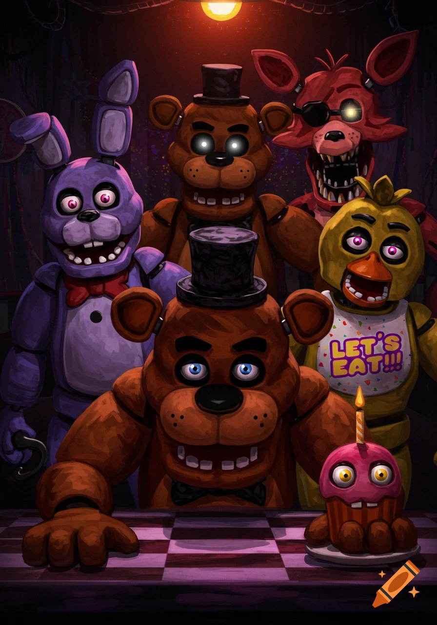 Freddy Fazbear and other Five Nights at Freddy's animatronics sit at a ...