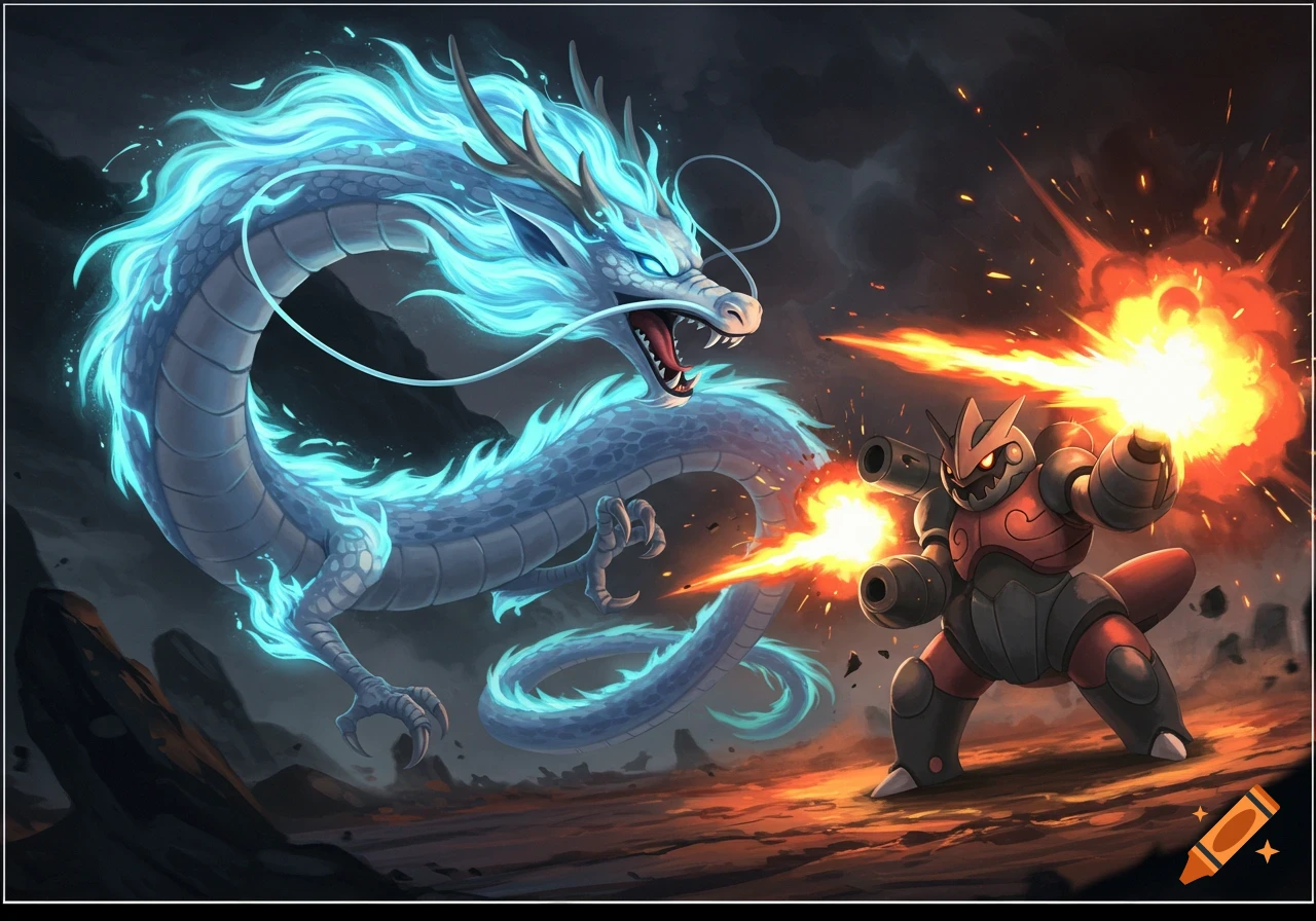 A light blue dragon battles a red armored figure firing flames in a ...