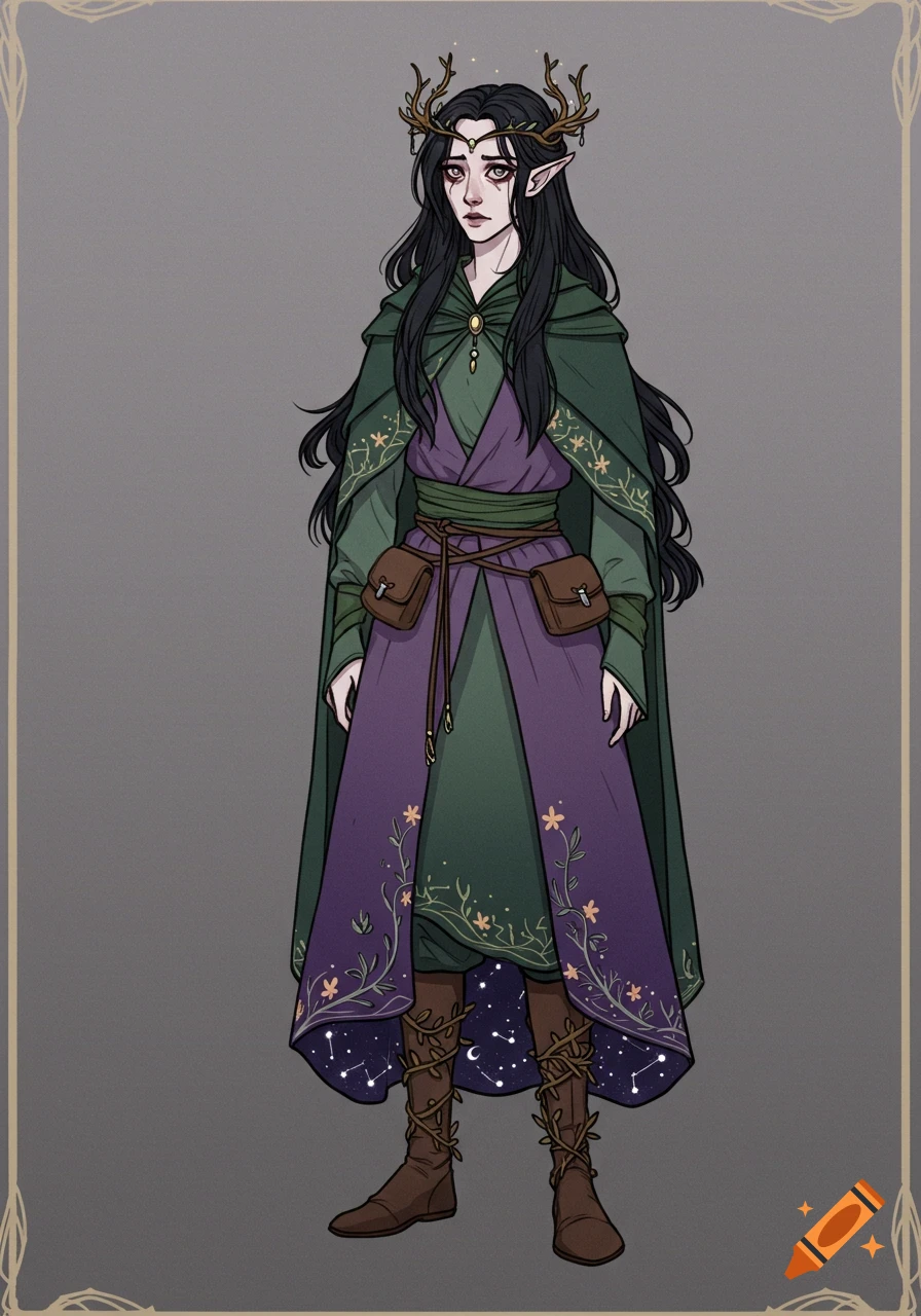 Full body illustration of an elven woman in fantasy robes with antler ...