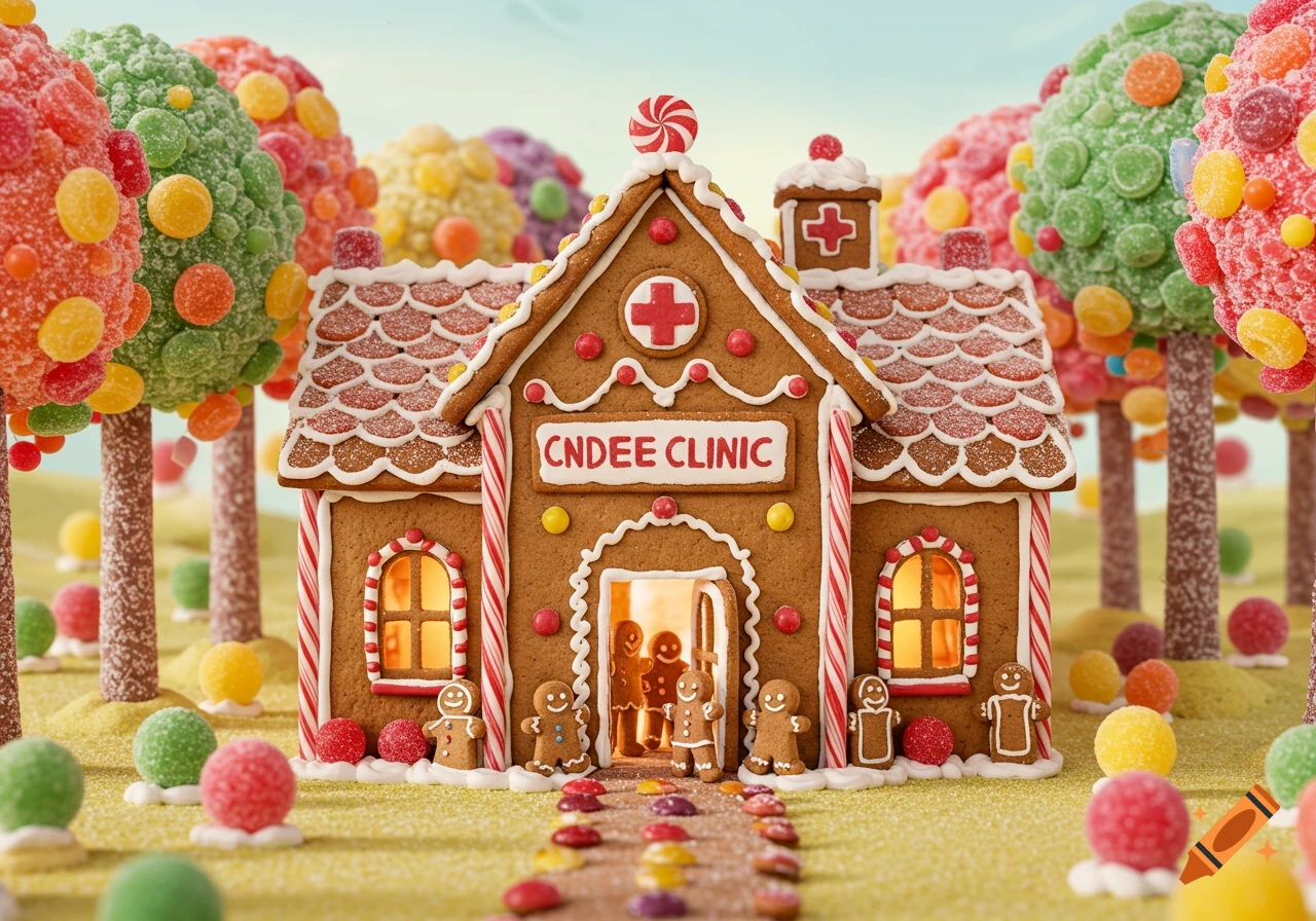 Gingerbread medical clinic in a Candyland scene with candy trees and ...