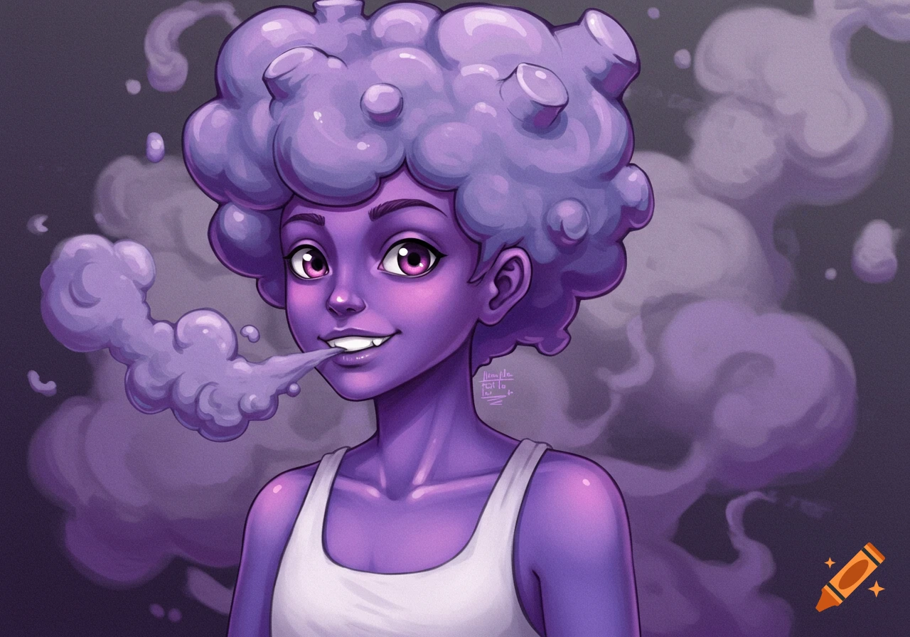 Illustration of a purple human-like character with cloud hair exhaling ...