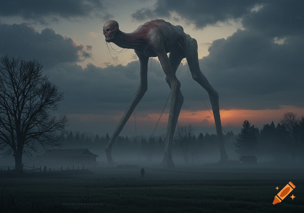 A colossal creature with long legs stands in a misty field at dusk. on ...