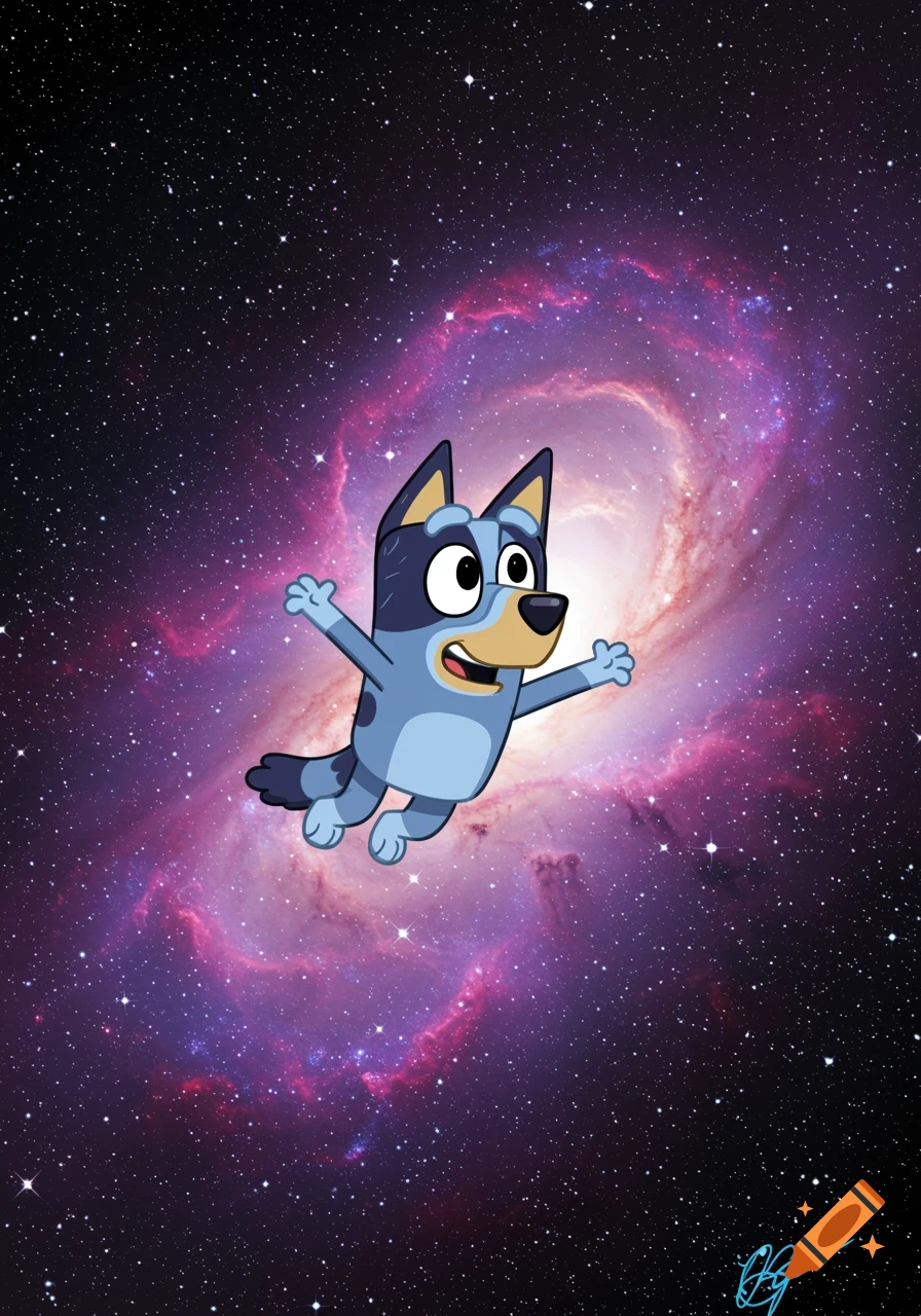 Bluey cartoon character floating in front of a colorful galaxy. on Craiyon