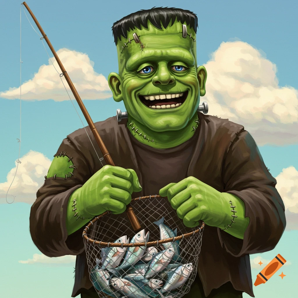 Cartoon illustration of smiling Frankenstein holding a net full of fish ...