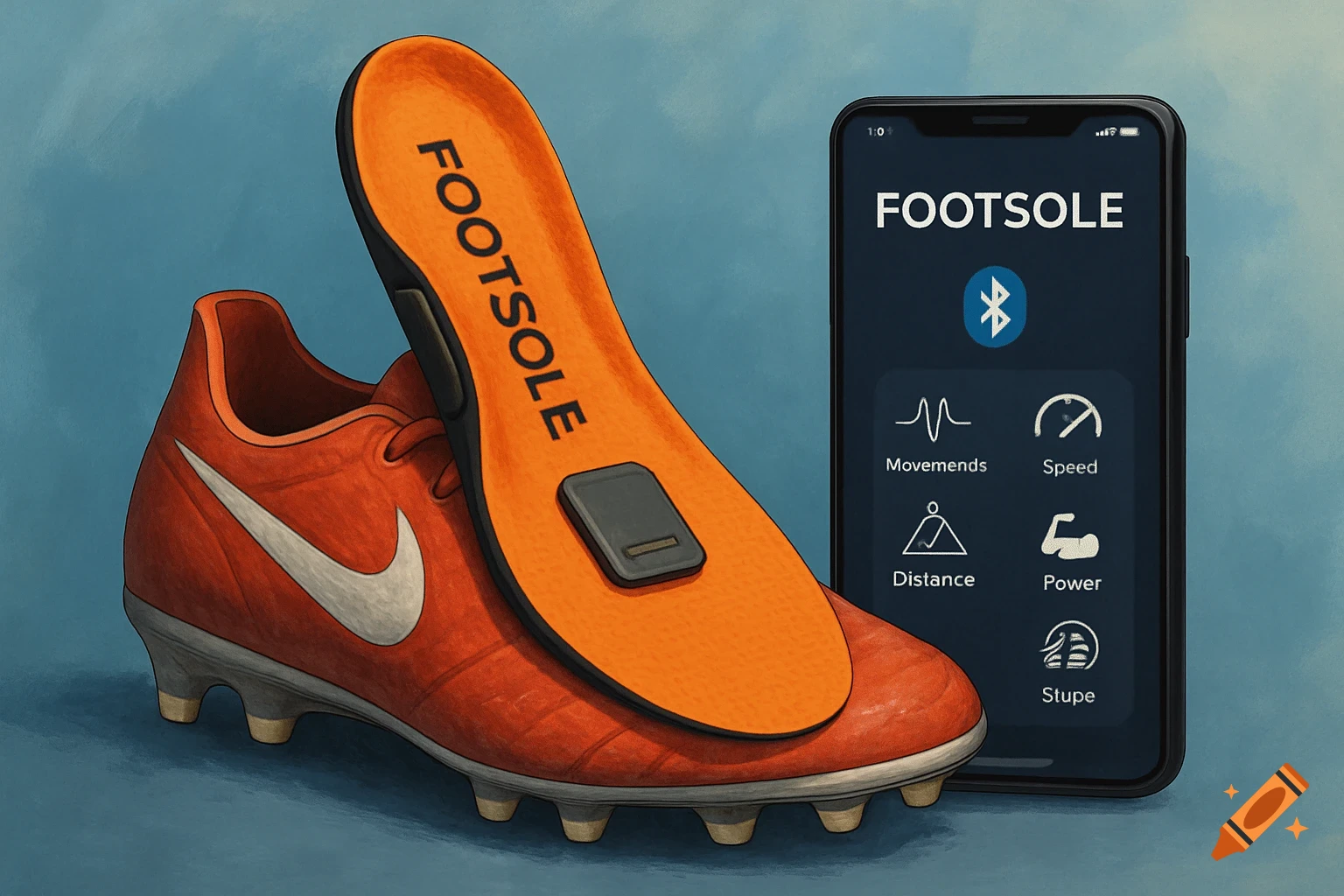 Illustration of an orange football boot with a smart insole next to a ...