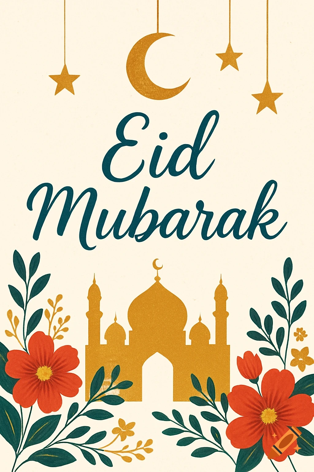 Eid Mubarak greeting card with mosque, moon, stars, and flowers. on Craiyon