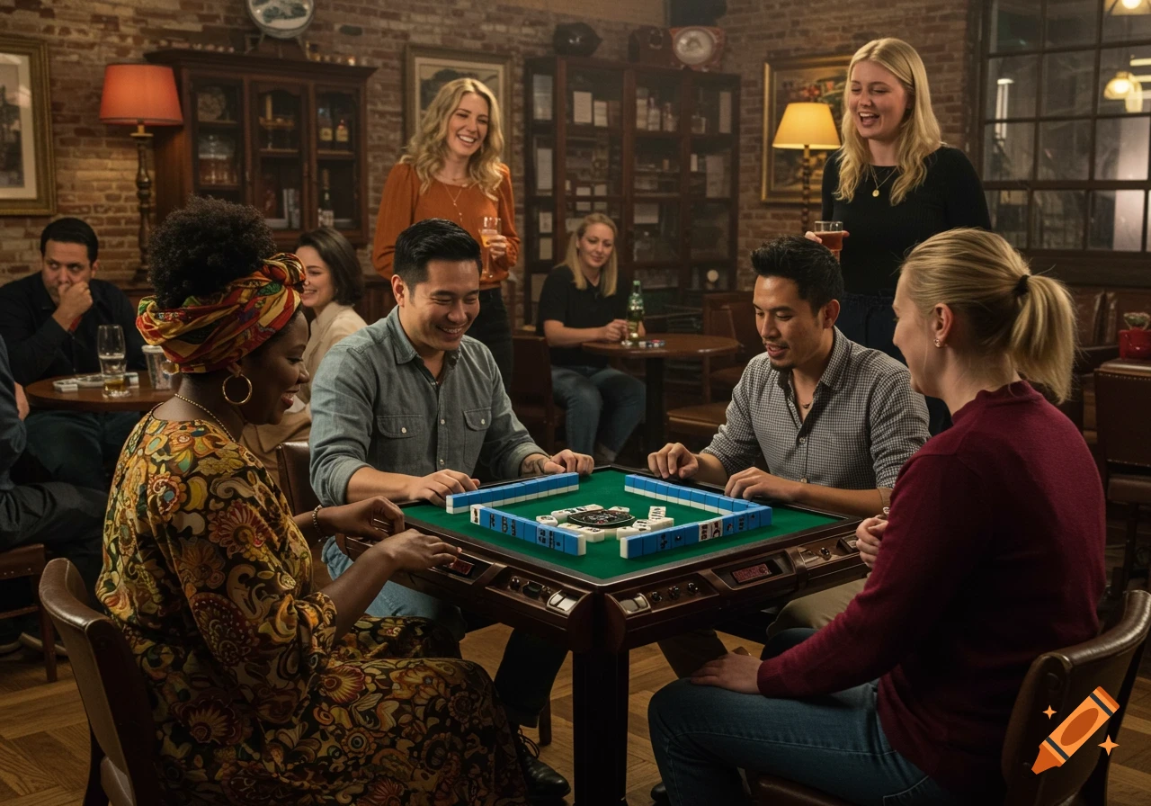 A group of multi-ethnic people playing Mahjong at a table in a social ...
