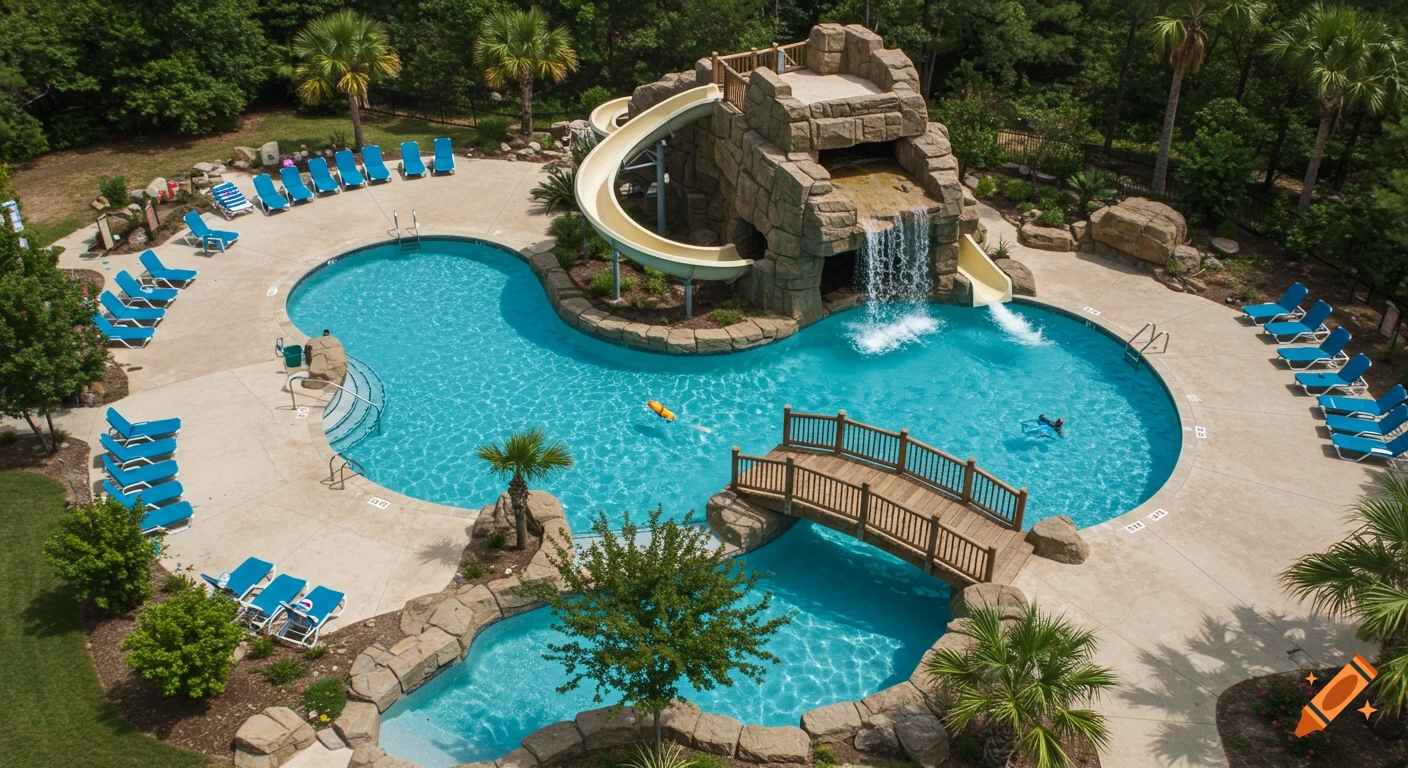 Aerial view of a resort swimming pool with rock grotto, waterfall ...