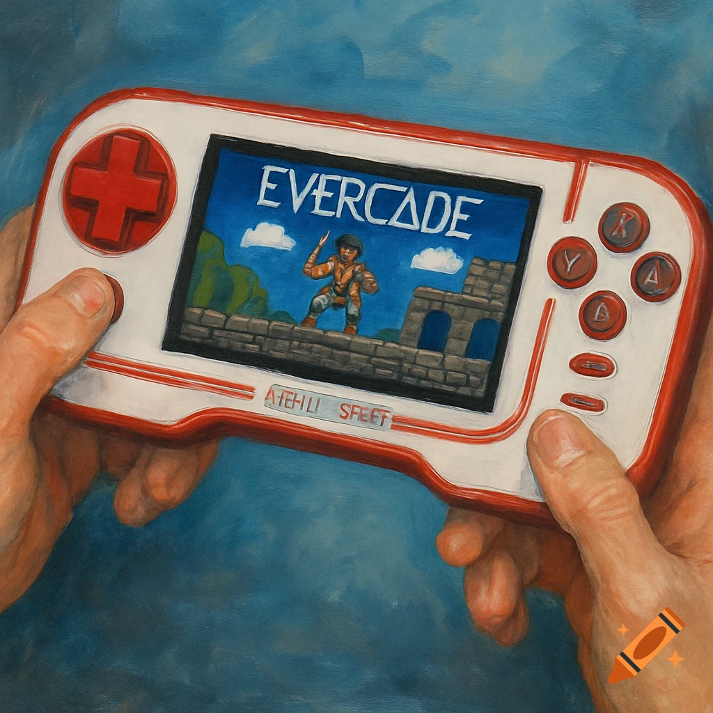 Hands holding a handheld video game console with a pixelated game on ...
