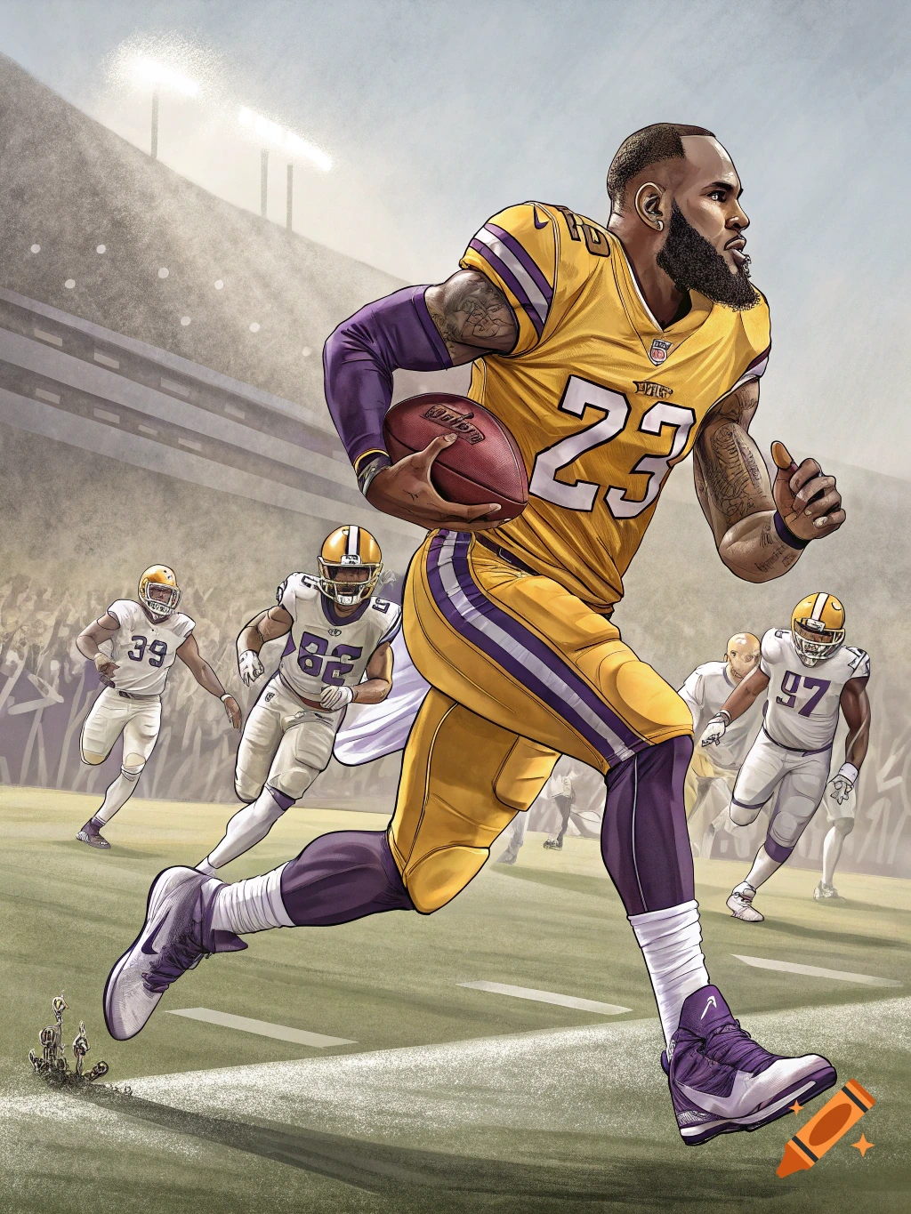 Stylized illustration of LeBron James running with a football in a ...