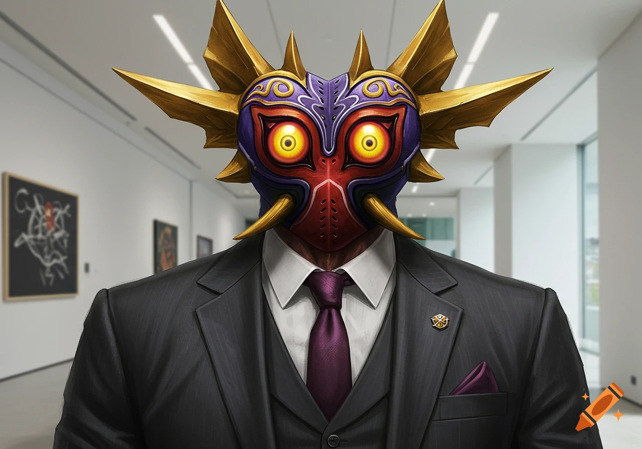 Character wearing Majora's Mask and a suit in an art gallery on Craiyon