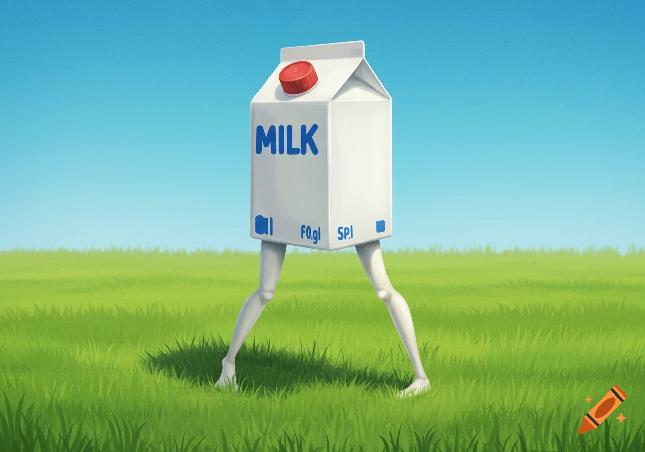 A white milk carton with legs walks through a grassy field under a blue ...
