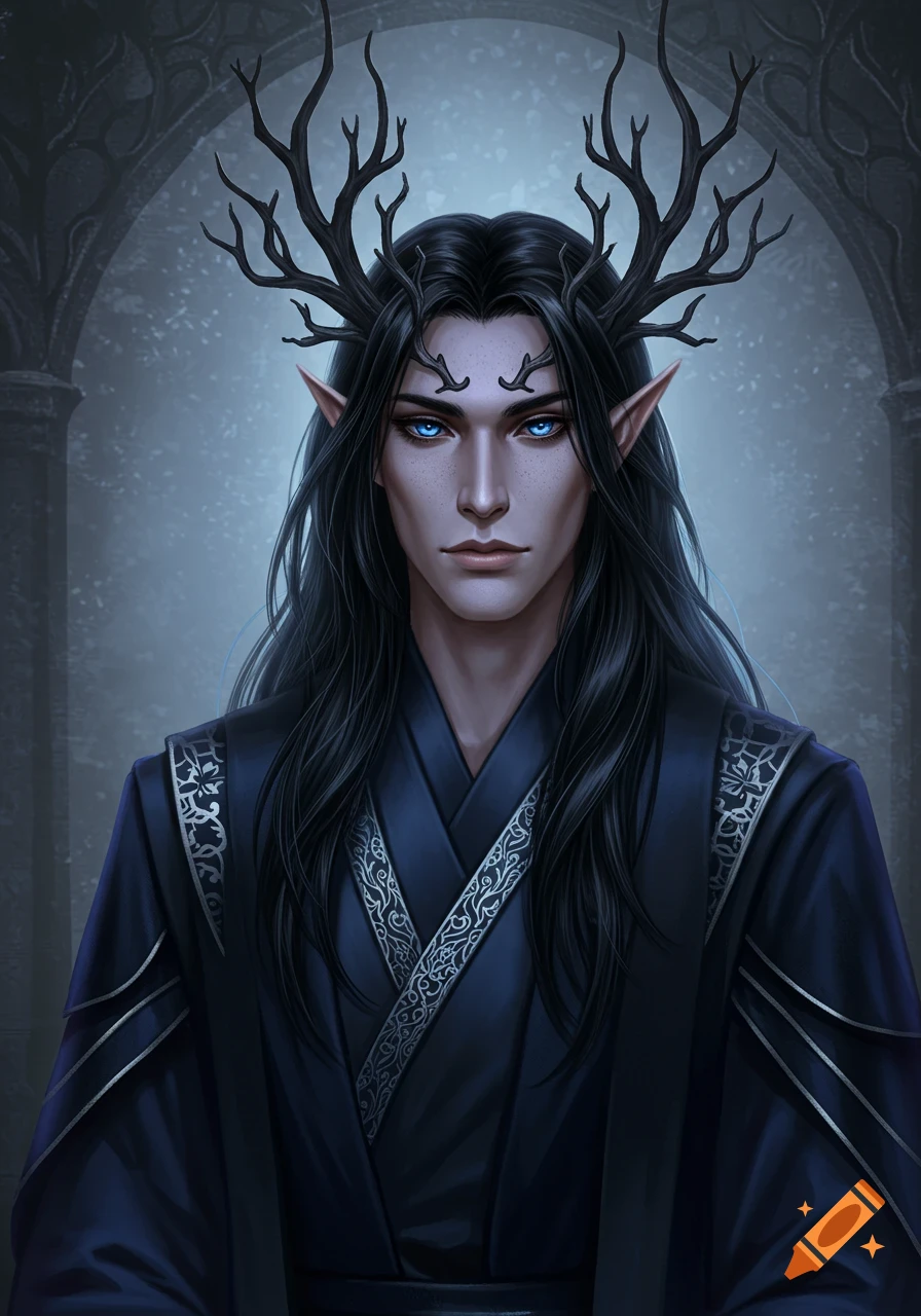 Fantasy portrait of a male elf with branch horns, blue eyes, long black ...