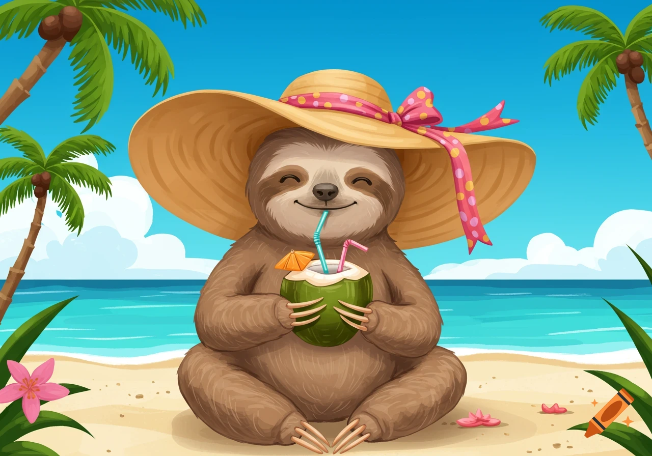 Cute cartoon sloth in a sun hat drinking from a coconut on a beach. on ...