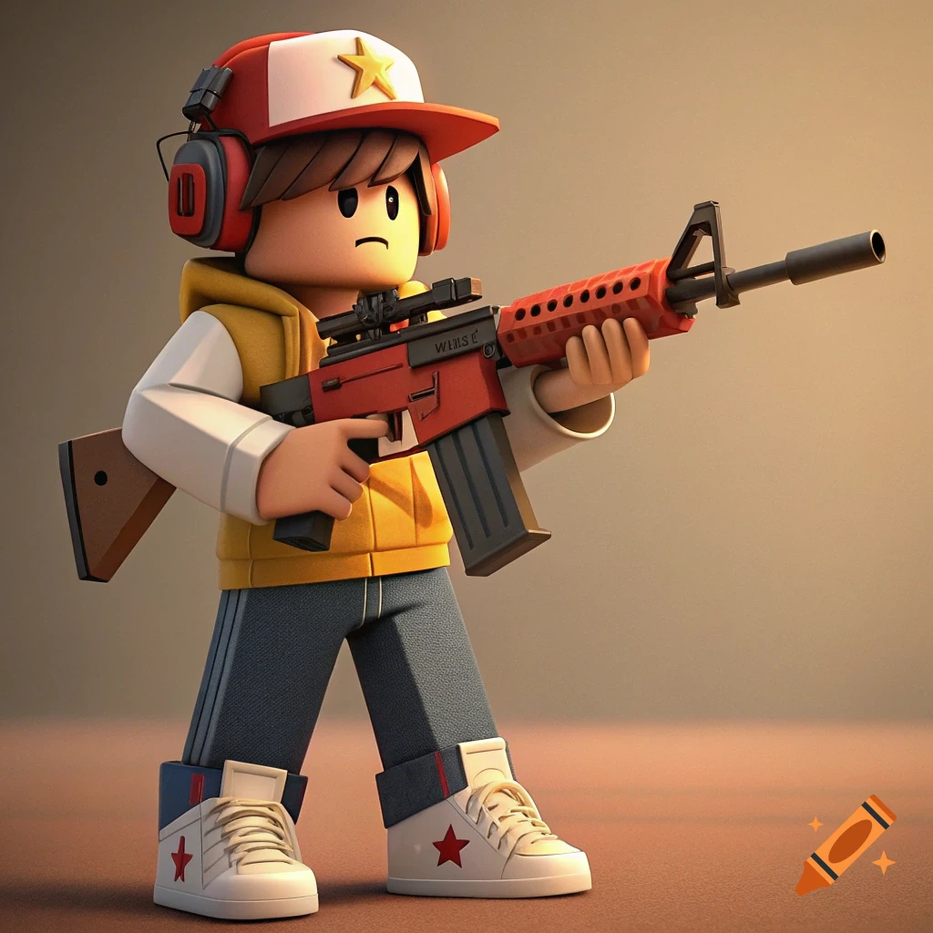 Stylized 3D render of a Roblox-like character holding a red assault ...