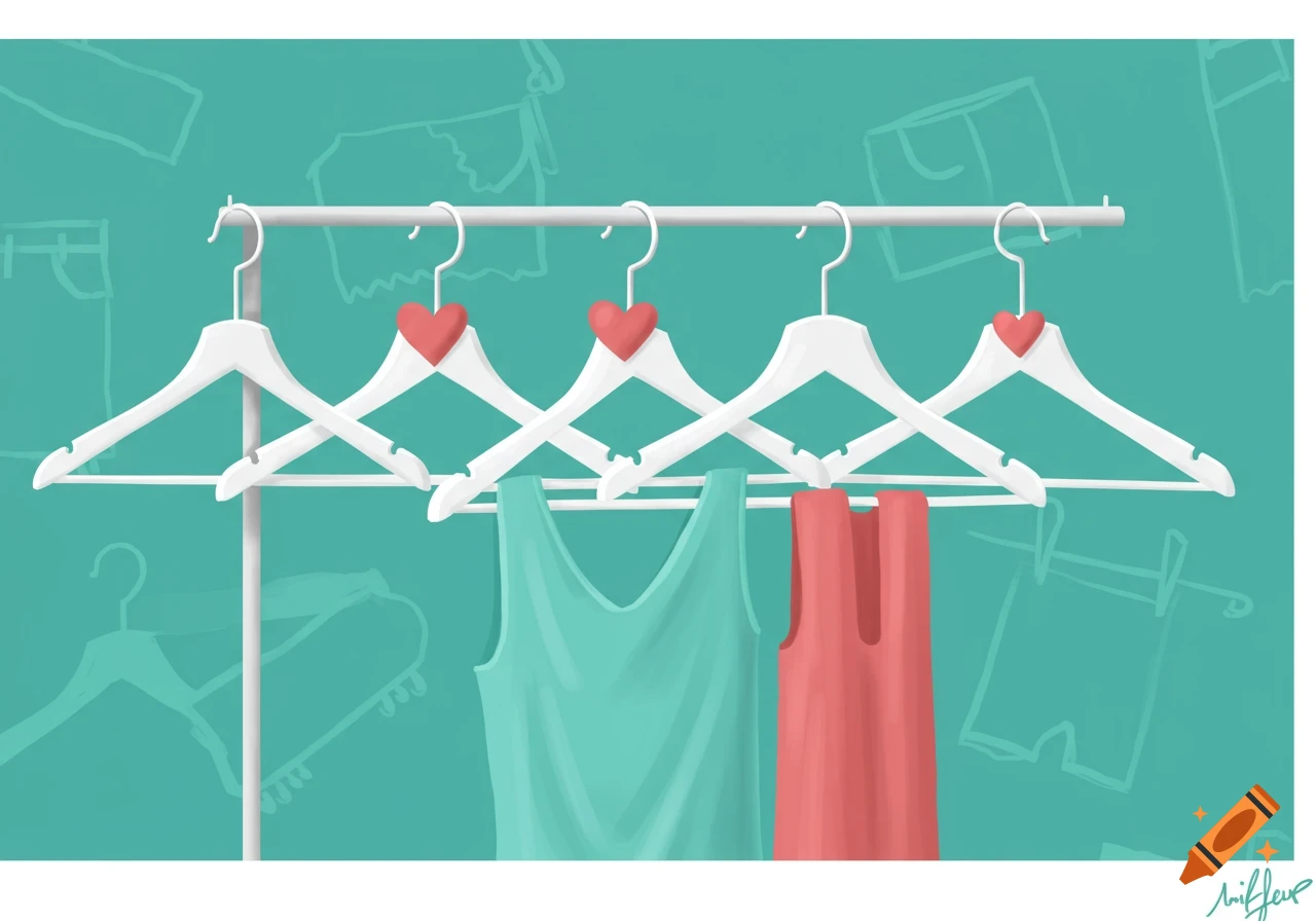 Illustration of a clothing rack with white hangers and red hearts on a ...