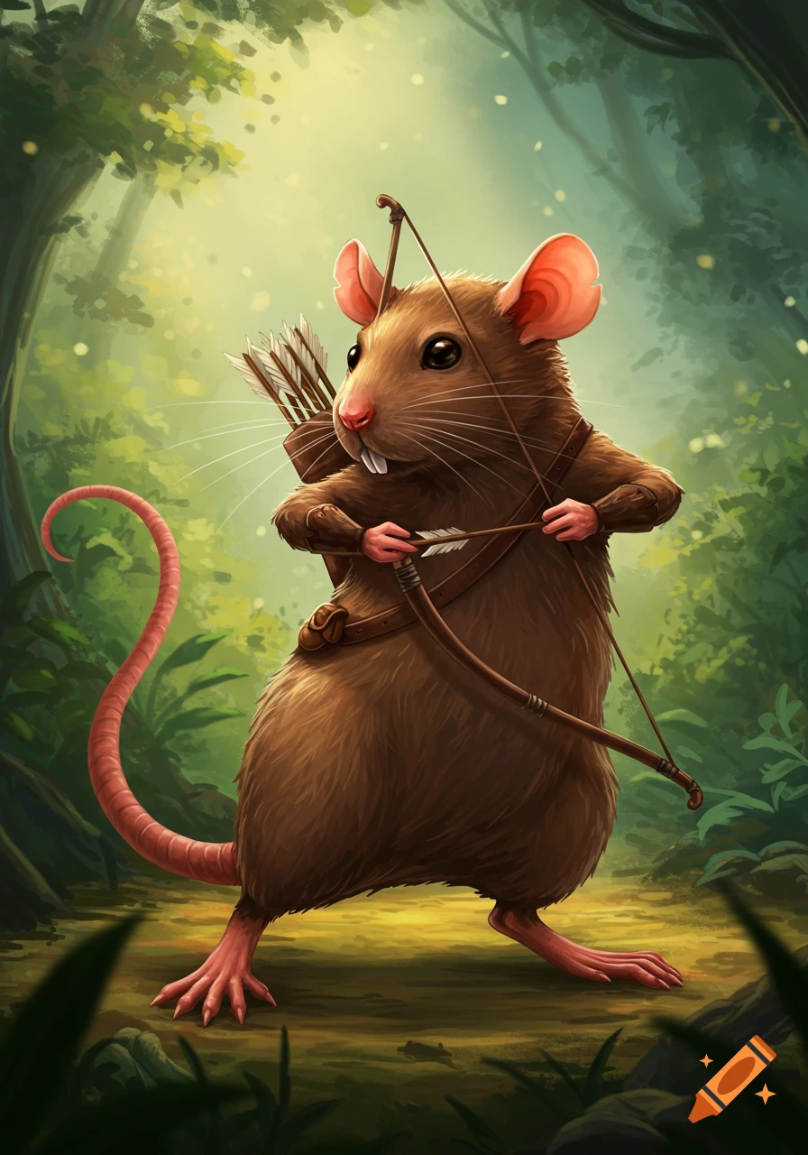 A furry rat standing upright in a forest, holding a shortbow and ...