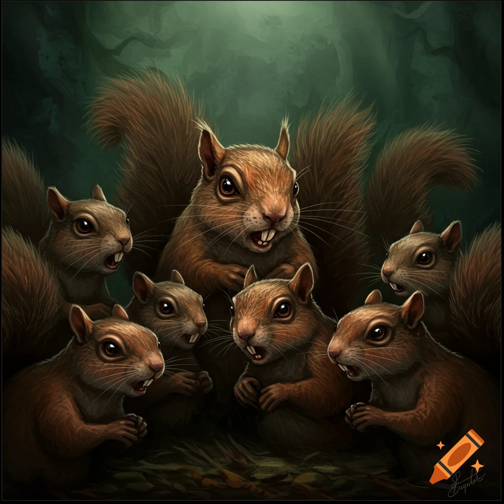 A group of agitated squirrels with sharp teeth and angry expressions in ...