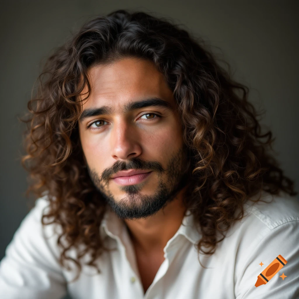 Photorealistic portrait of a man with long curly hair and a beard on ...