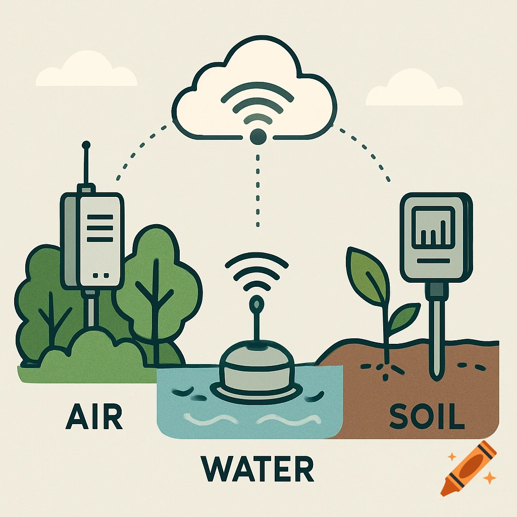 Illustration of sensors monitoring air, water, and soil connected to a ...