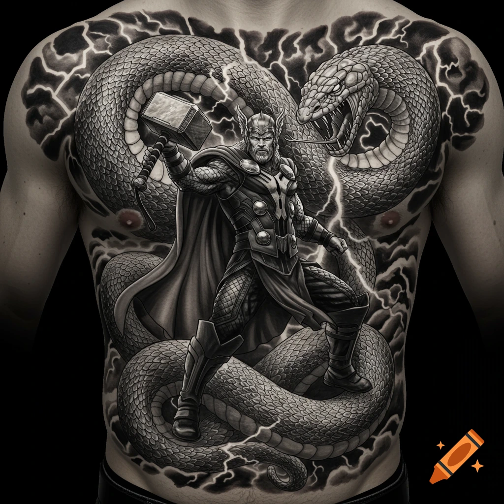Black and white chest tattoo of Thor holding Mjolnir and battling a ...