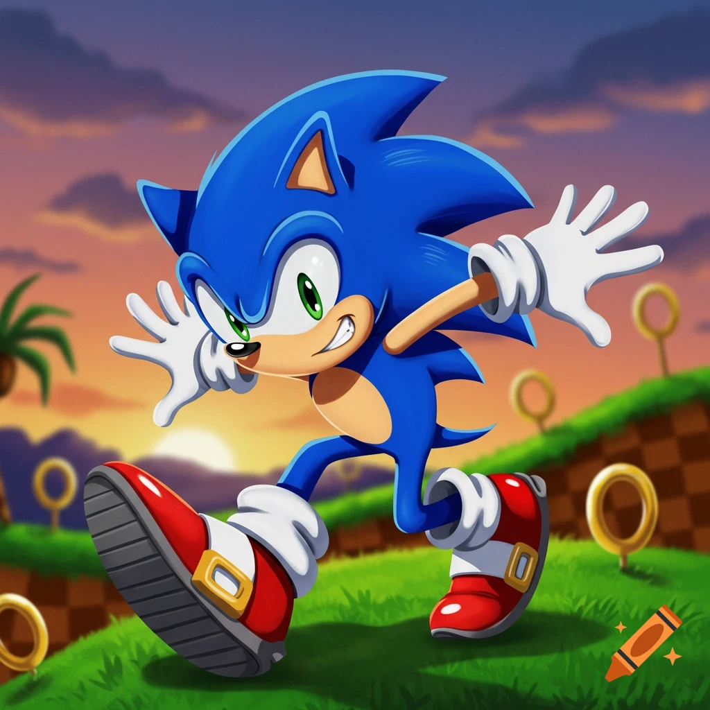 Sonic the Hedgehog runs through a green hill zone level with rings at ...