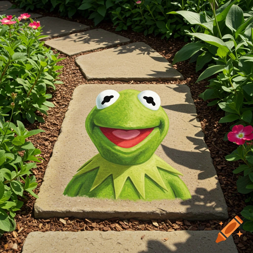 Kermit the Frog face on a garden stepping stone on Craiyon