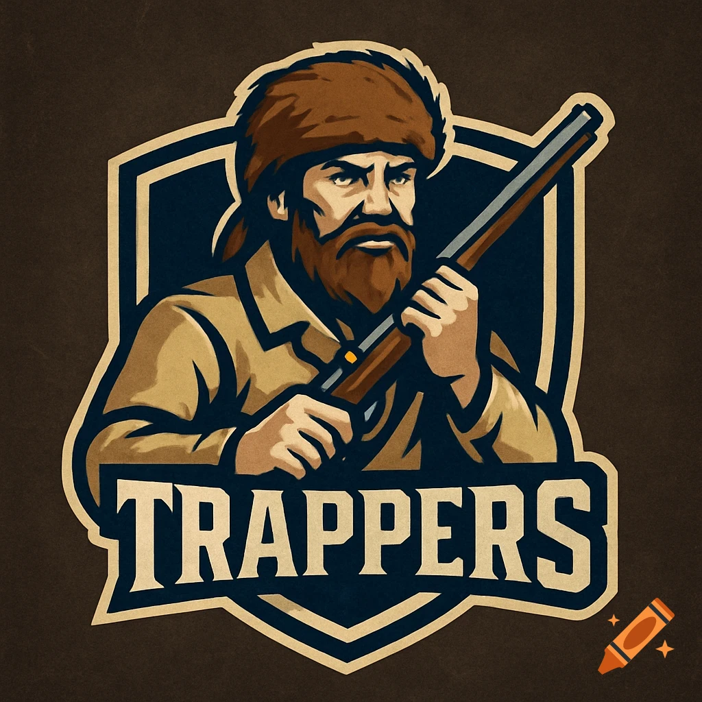 Graphic logo of a bearded man in a fur hat holding a rifle, with the ...