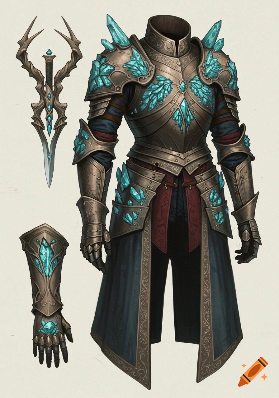 Detailed fantasy armor set with crystal accents and a unique sword, on ...