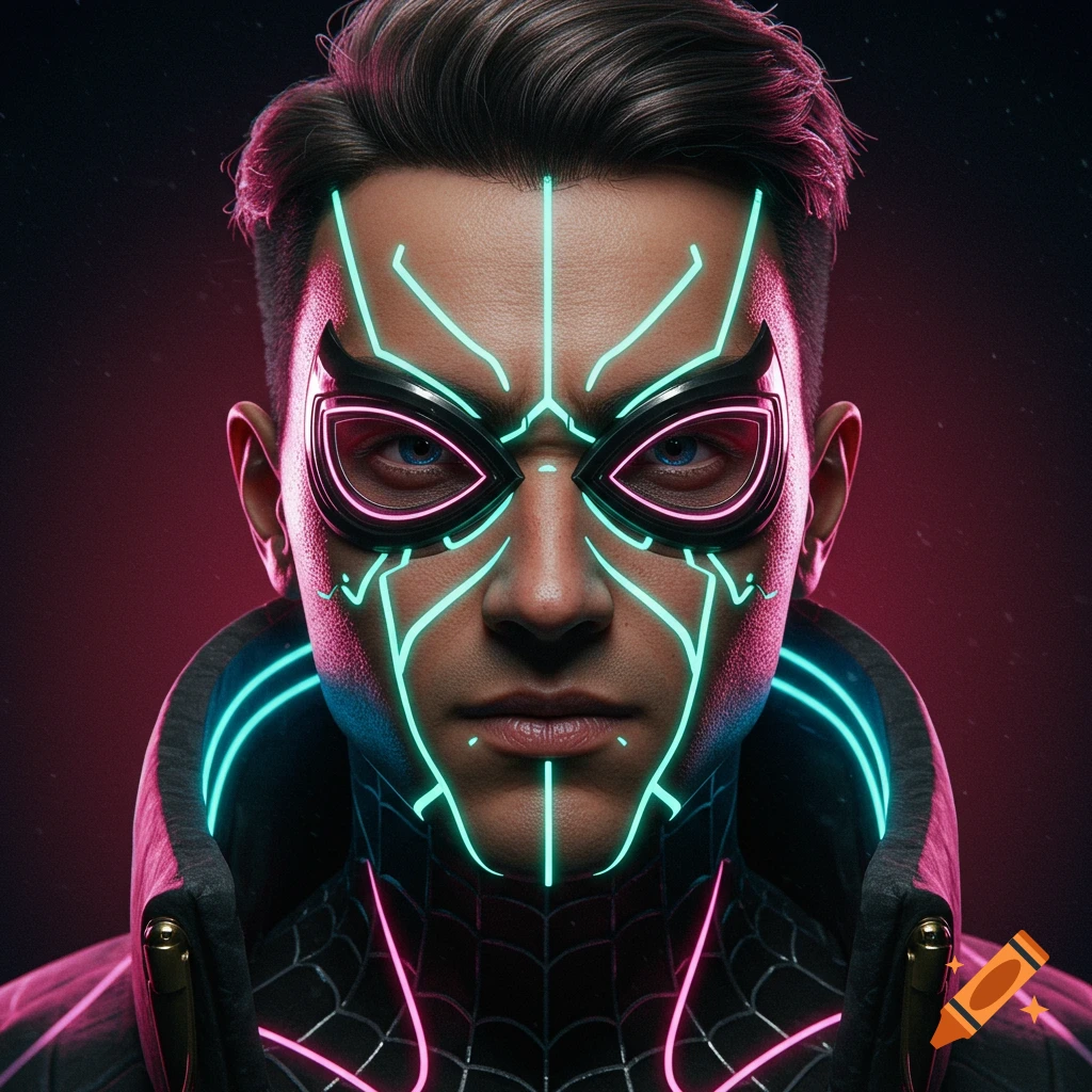Close-up portrait of a man with glowing neon cyberpunk Spider-Man ...