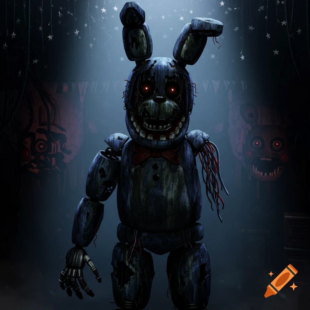 A dark blue damaged animatronic bunny with glowing red eyes stands in a ...