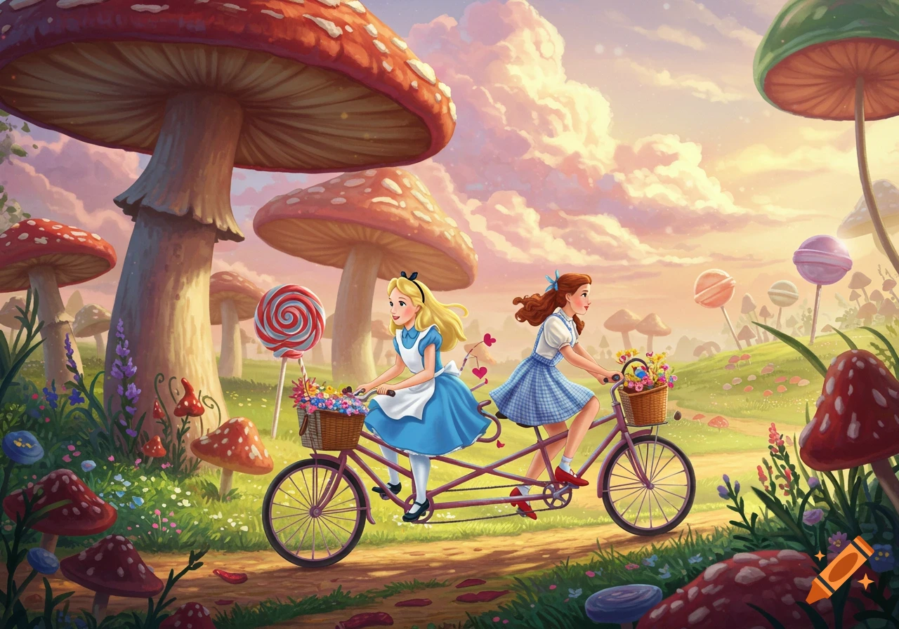 Alice and Dorothy ride a tandem bicycle through a fantasy landscape ...