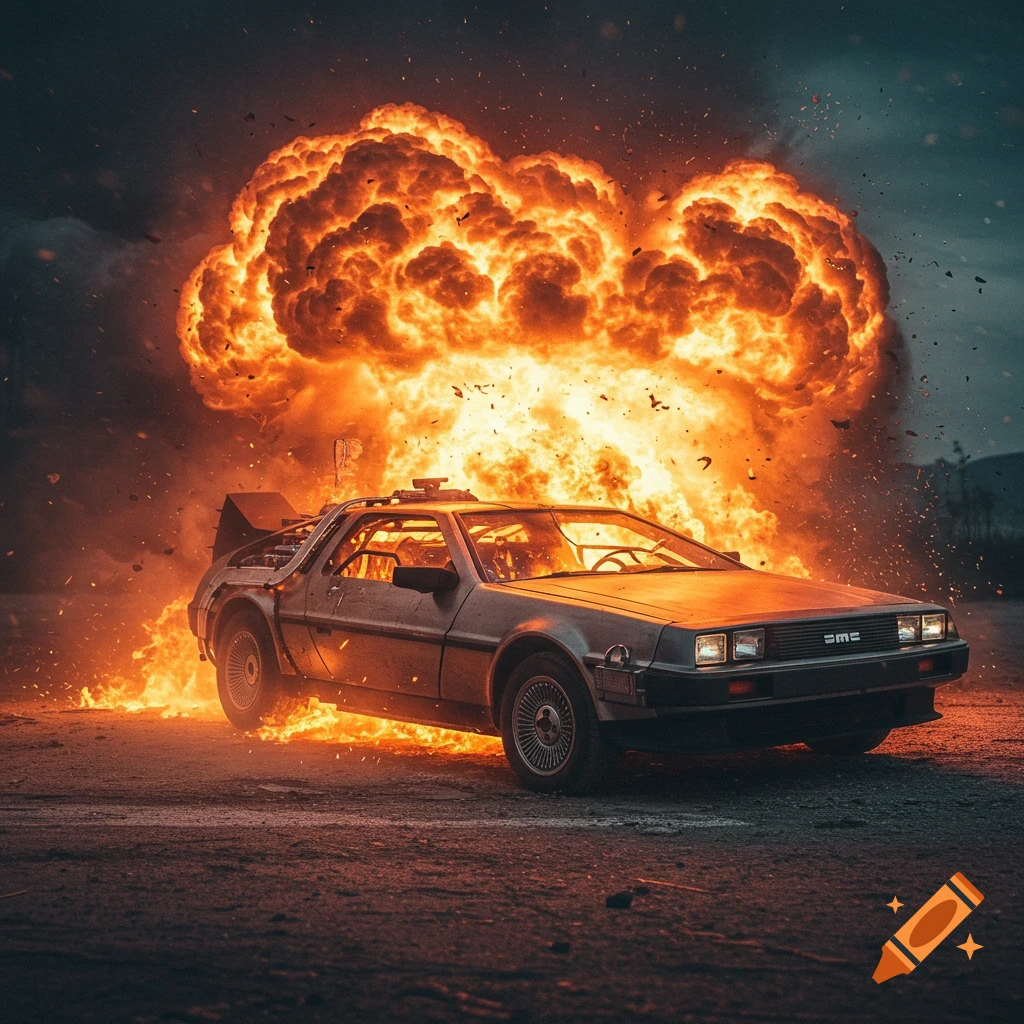 A DeLorean car on the ground engulfed in flames with a large explosion ...