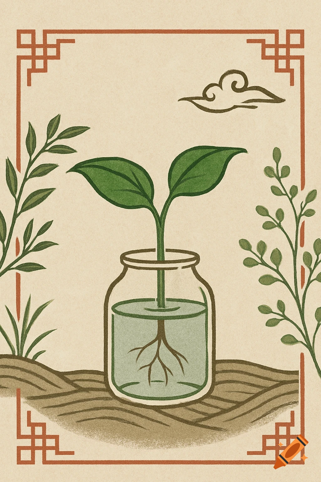 Illustration of a plant sprout with roots in a jar, framed by leaves ...