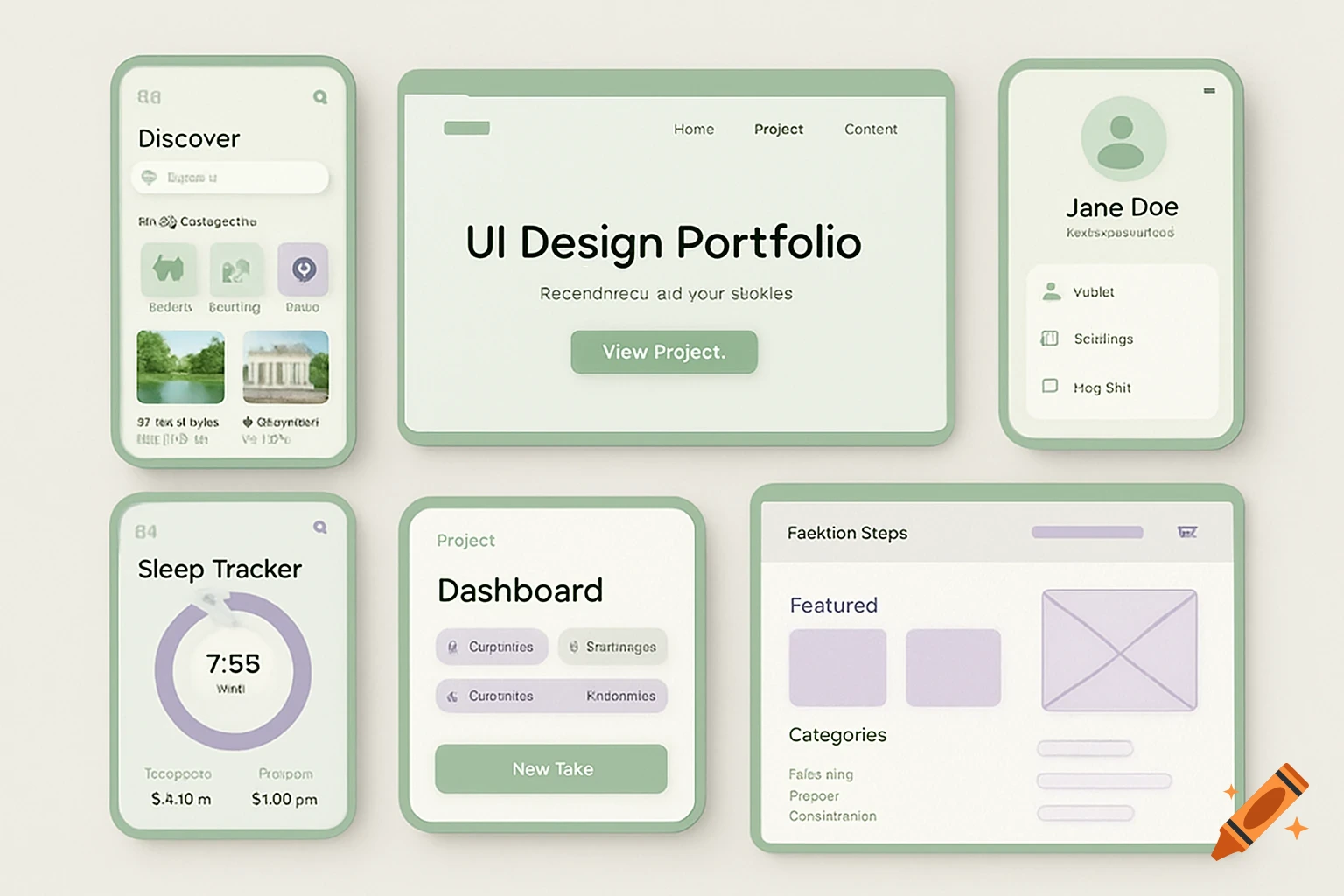 An array of pastel green and purple UI design elements for apps and ...