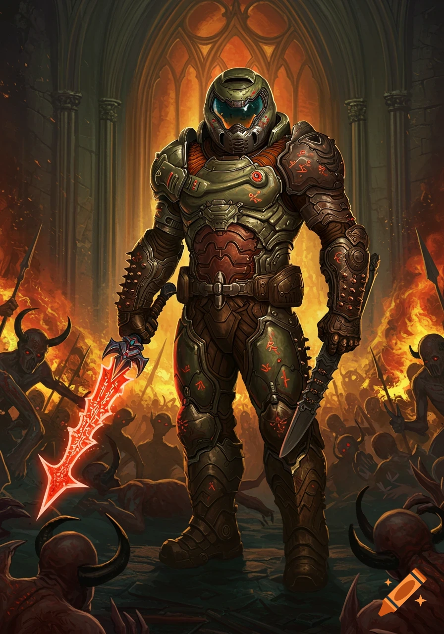 The Doom Slayer stands over defeated demons in a fiery gothic cathedral ...