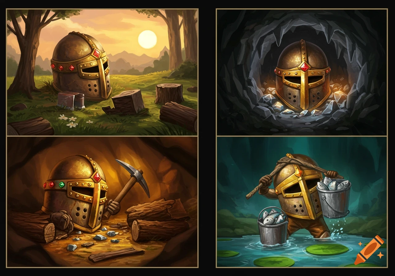 Grid of images showing a stylized medieval helmet character in ...