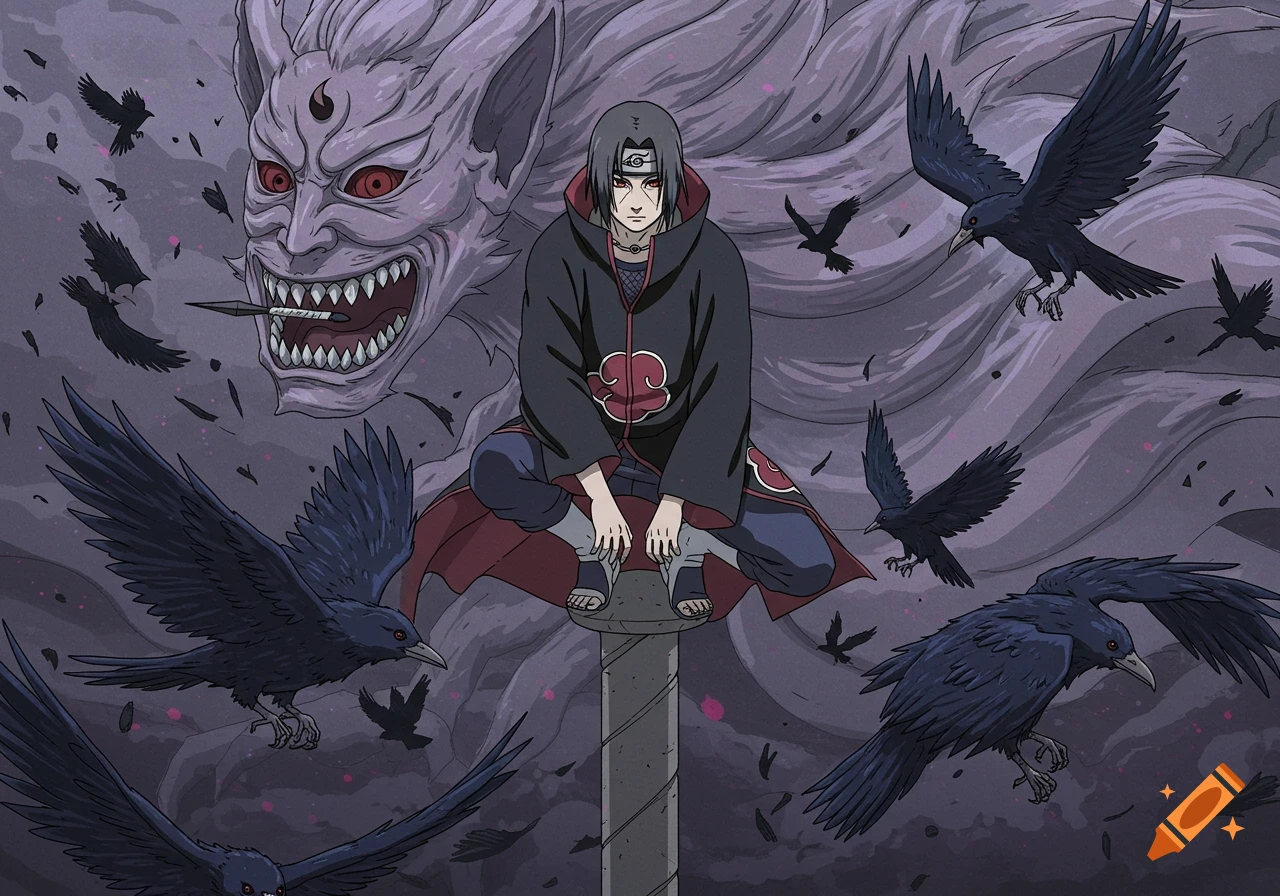 Itachi kneels on a pillar with his Susanoo and crows in a dark anime ...