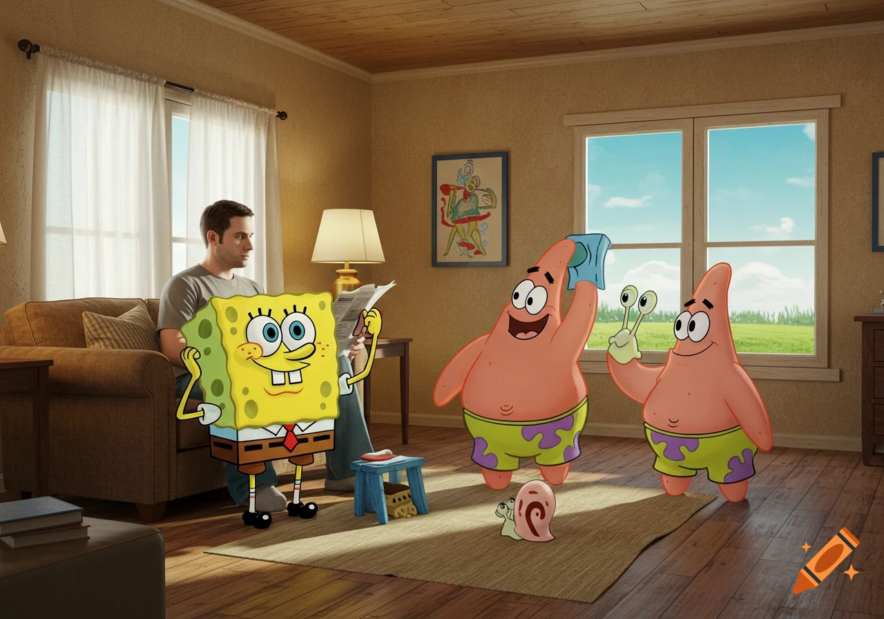 A man reads a newspaper in a living room while SpongeBob, Patrick, and ...