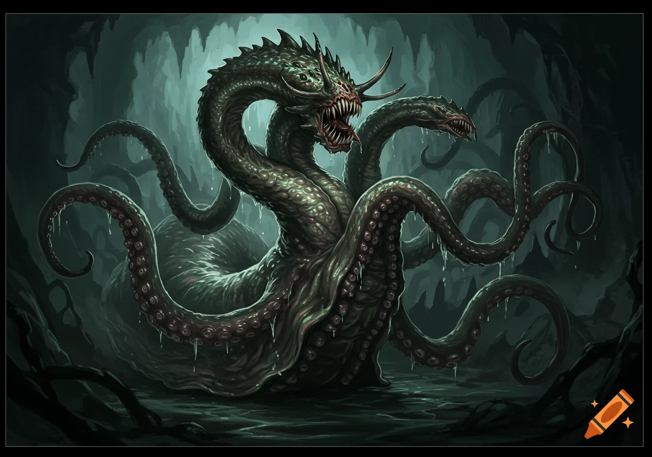 A dark green monster with multiple heads, tentacles, and suckers stands ...