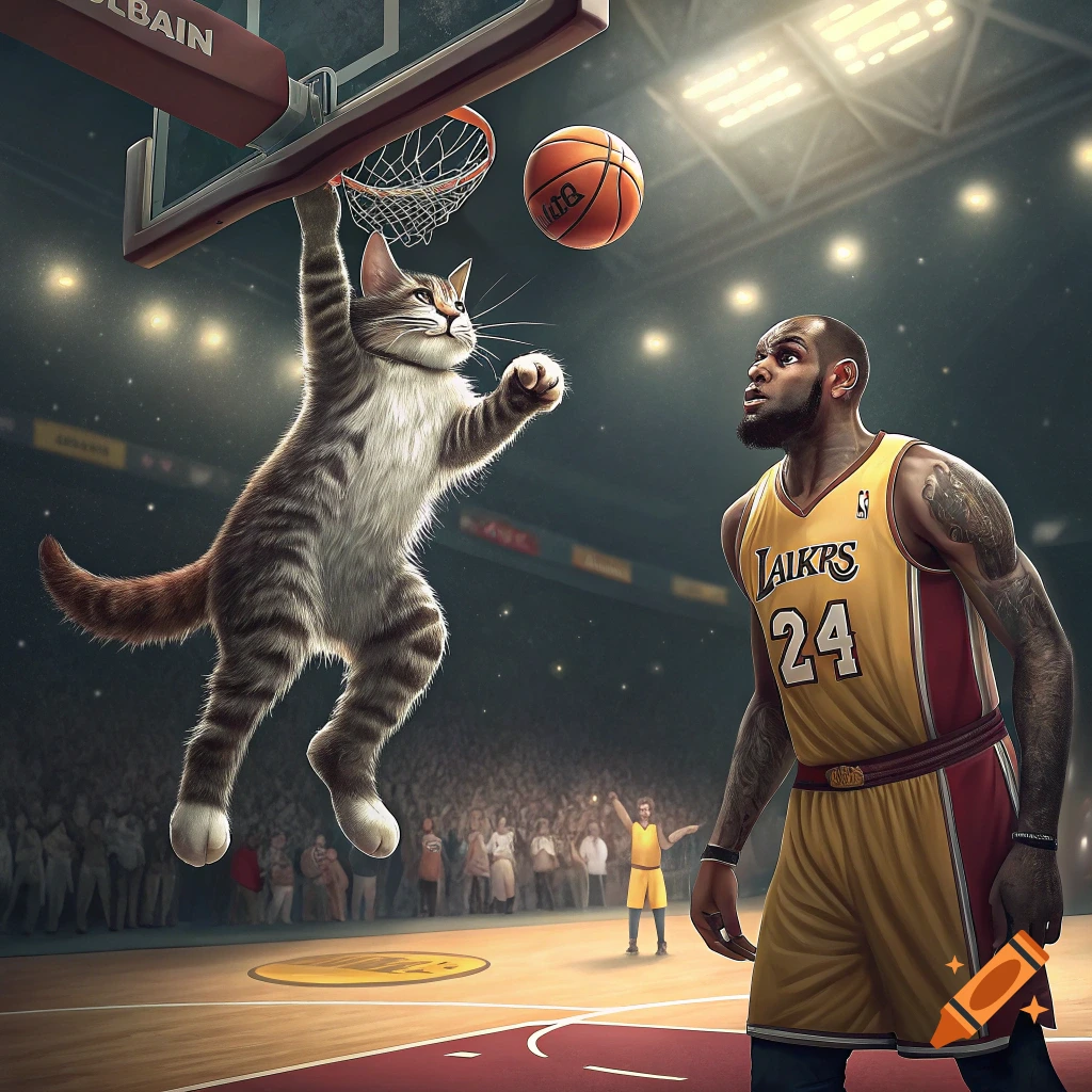 Tabby cat slams dunk over LeBron James in basketball game. on Craiyon