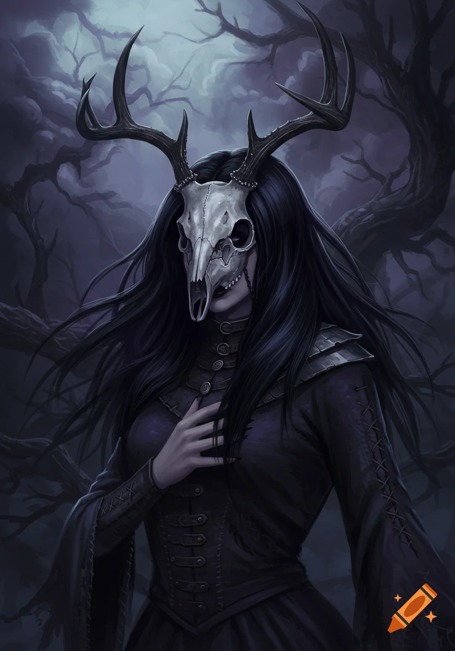 A figure wearing a deer skull mask and dark clothing stands in a dark ...