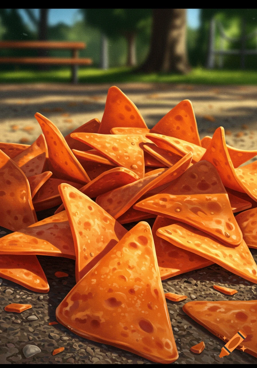 An illustration of a large pile of orange triangle chips on the ground ...