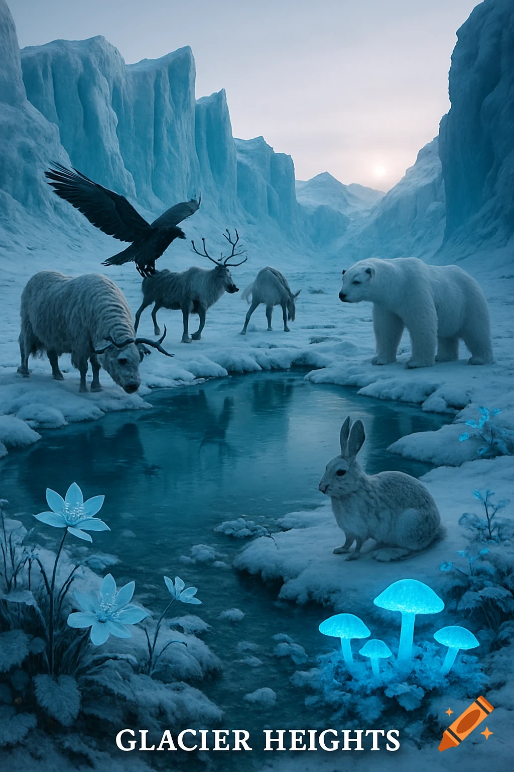 Arctic landscape with glacier peaks, polar bear, reindeer, rabbit ...