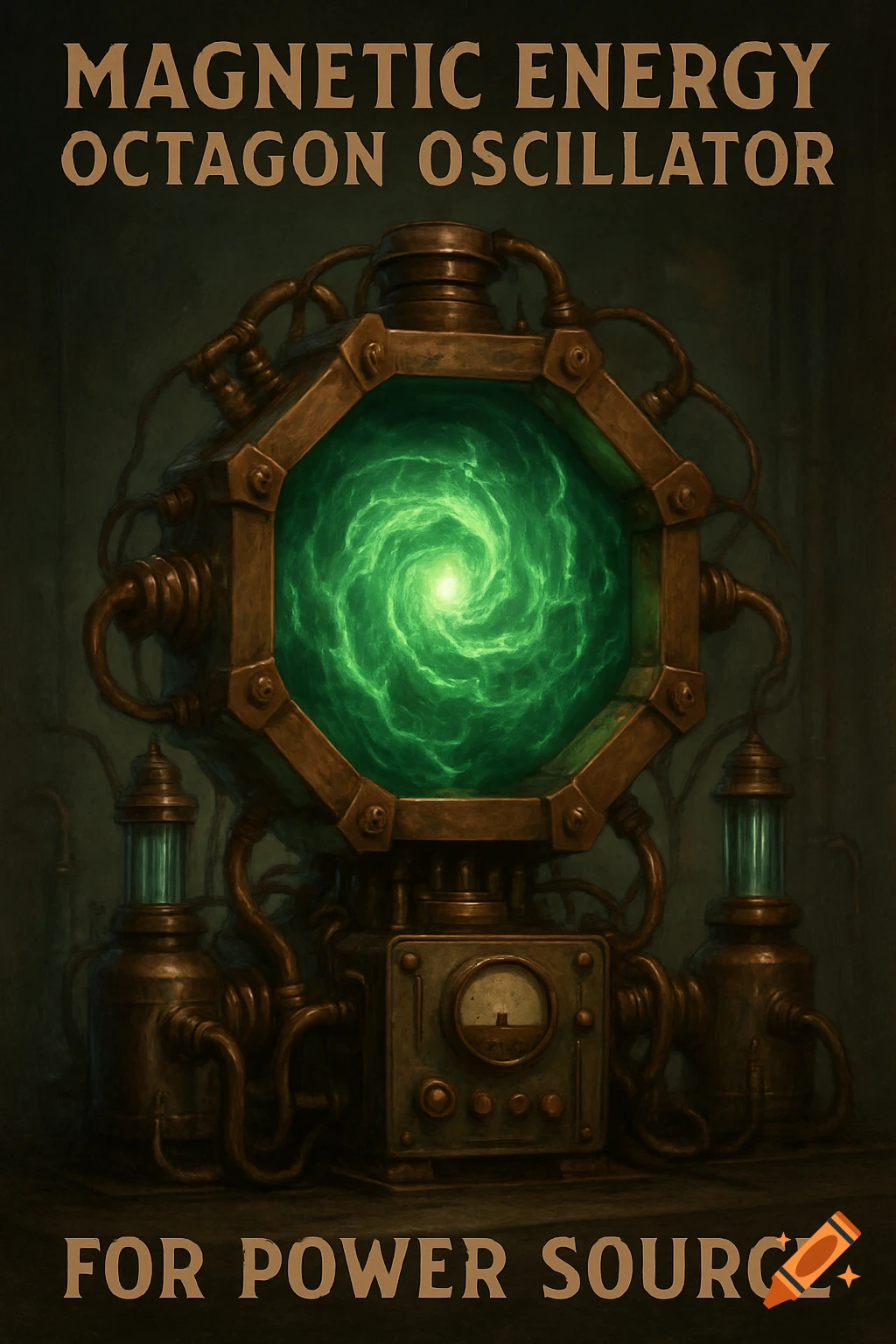 Steampunk device with glowing green core and text 'Magnetic Energy ...
